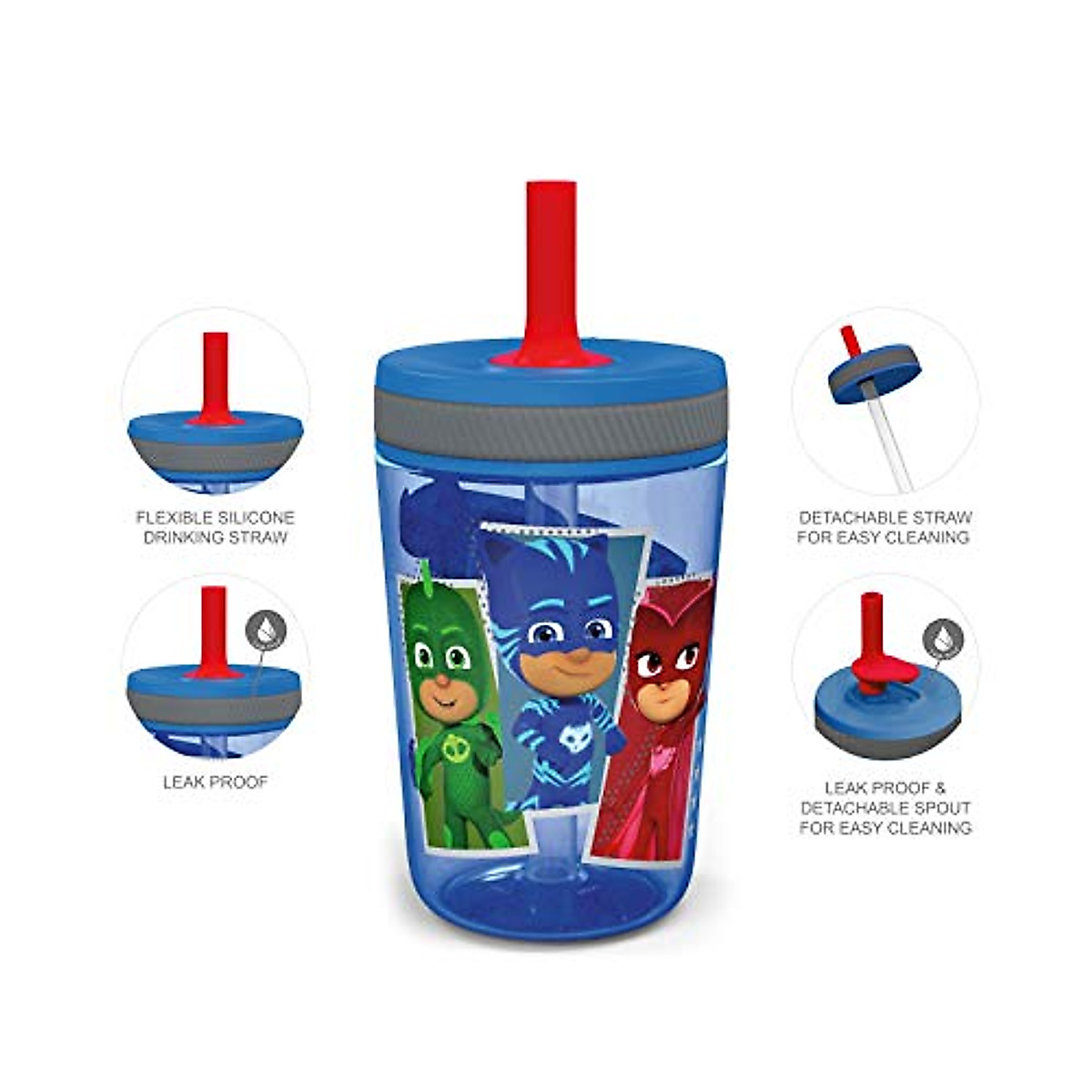 Zak Designs Kelso Tumbler 2pc Set, Leak-Proof Screw-On Lid with Straw Made of Durable Plastic and Silicone, Perfect Bundle for Kids, 2 Count (Pack of 1), PJ Masks Catboy Owlette Gekko