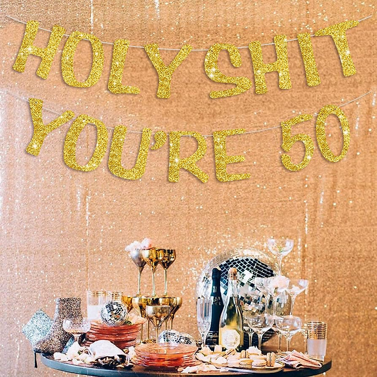 BEISHIDA Gold Holy Shit You're 50 Banner，NO DIY - Gold Holy Shit You're Old Banner,Pre-Strung - Gold Glitter Happy Birthday Garland,Gold Birthday Sign for 50th Party Decorations & Decor