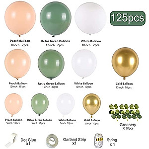 Sage Green Balloon Garland Kit - 125Pcs Eucalyptus Garland, Retro Olive Green, Peach White and Gold Latex Balloons Arch Kit for Wedding Birthday, Baby & Bridal Shower Decorations