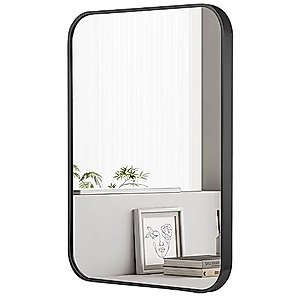 Wall-Mounted Bathroom-Mirror,Black Framed Aluminum Alloy Vanity-Mirrors,Round Horn Rectangle Makeup Seamless Mirror,Large Mirrors for Entryway,No Punching,Anti Rust 12"*16"
