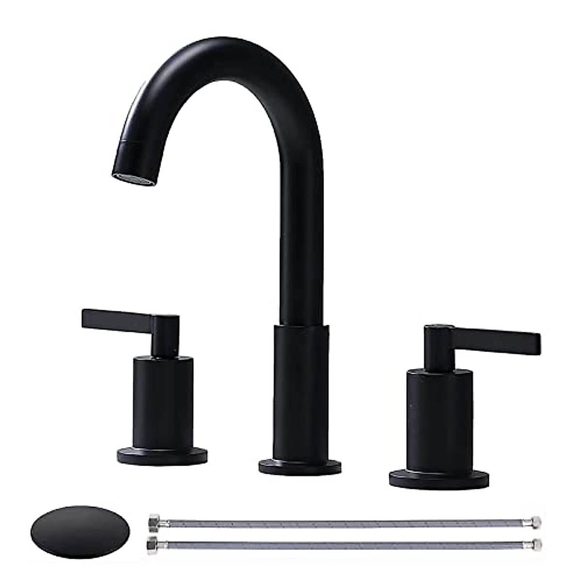 KINGO HOME Widespread Matte Black 3 Hole Bathroom Faucet, 2 Handle Black Bathroom Sink Faucet Modern Vanity Faucet with Supply Hoses, Pop Up Drain Stopper for Bathroom Sink
