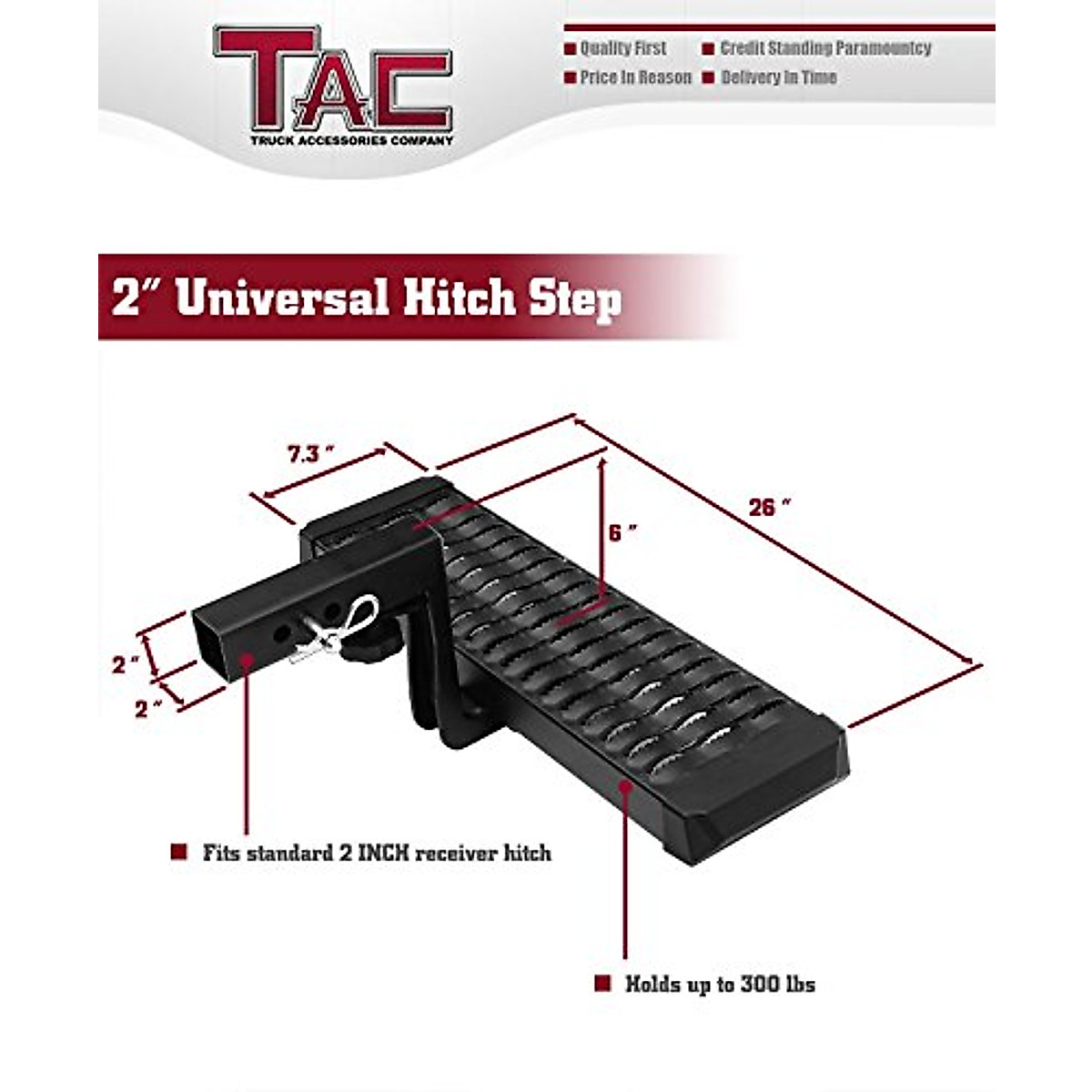 TAC Hitch Step Compatible with 2" Rear Hitch Receiver 7.3" Width with 6" Drop SUV Pickup Truck Van Bumper Protector Universal Aluminum Black (Hitch Pin and Clip Included)