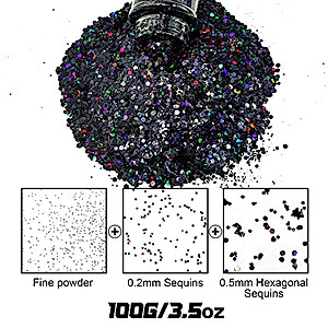 HEMOER Black Glitter 100g/3.5oz Holographic Chunky Sequins, Cosmetic Craft Glitters Set for Resin, Body, Hair, Face, Nail, Slime Festival Party Art and More