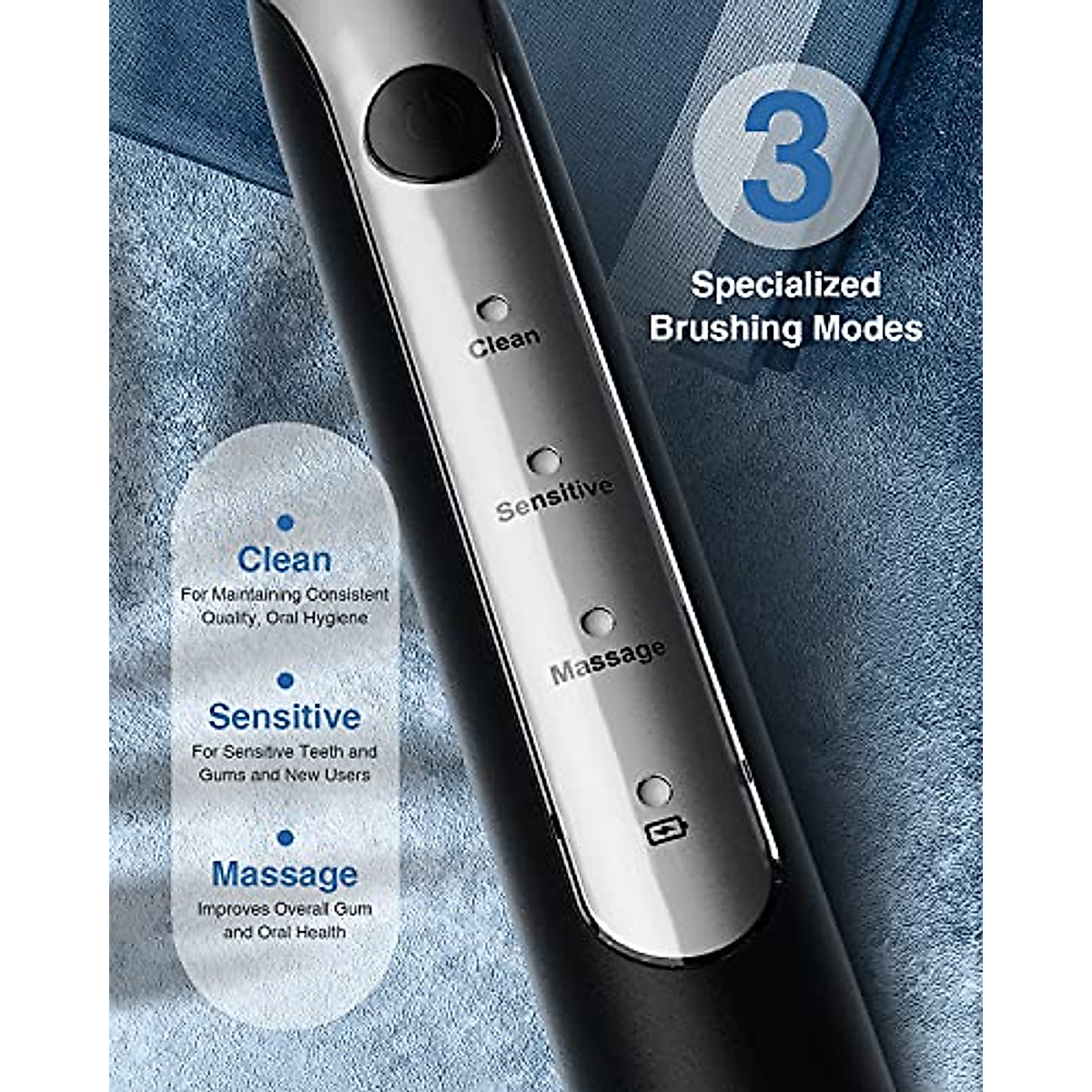 Dnsly Ultrasonic Toothbrush Electric Sonic Toothbrush for Adults and Kids, 3 Modes Rechargeable Whitening Electric Toothbrush, 2 Minutes Smart Timer, 2 Hour Charge for 30 Days Use, Black 710