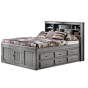 Discovery World Furniture Charcoal Full Size Bookcase Captain Bed with 6 Drawer Storage on ONE Side Opposite Side is Open