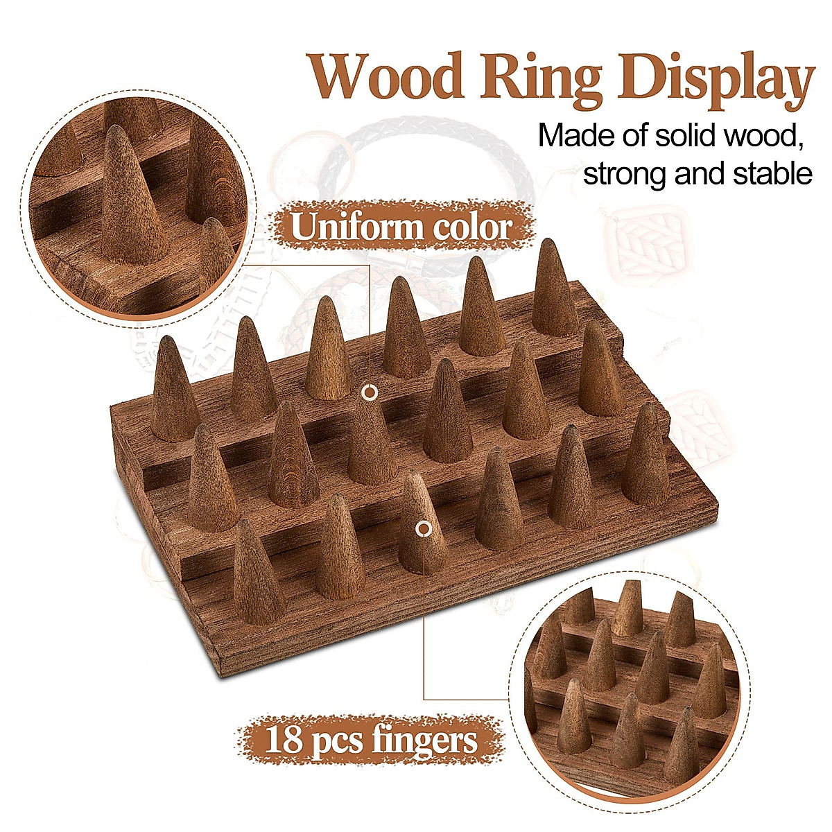 Juexica Wood Ring Display, 4 Pcs Ring Display Stand, 18 Fingers Ring Holder, Wood Jewelry Display for Ring Organizer Show Storage, Brown