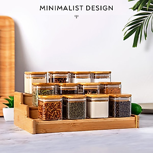 Laramaid 5oz 12Packs Glass Jars Set with Minimalist Spice Labels, Square Spice Jars with Bamboo Lids and White Vinyl Customized Sticker Labels, Food Storage Container Canisters