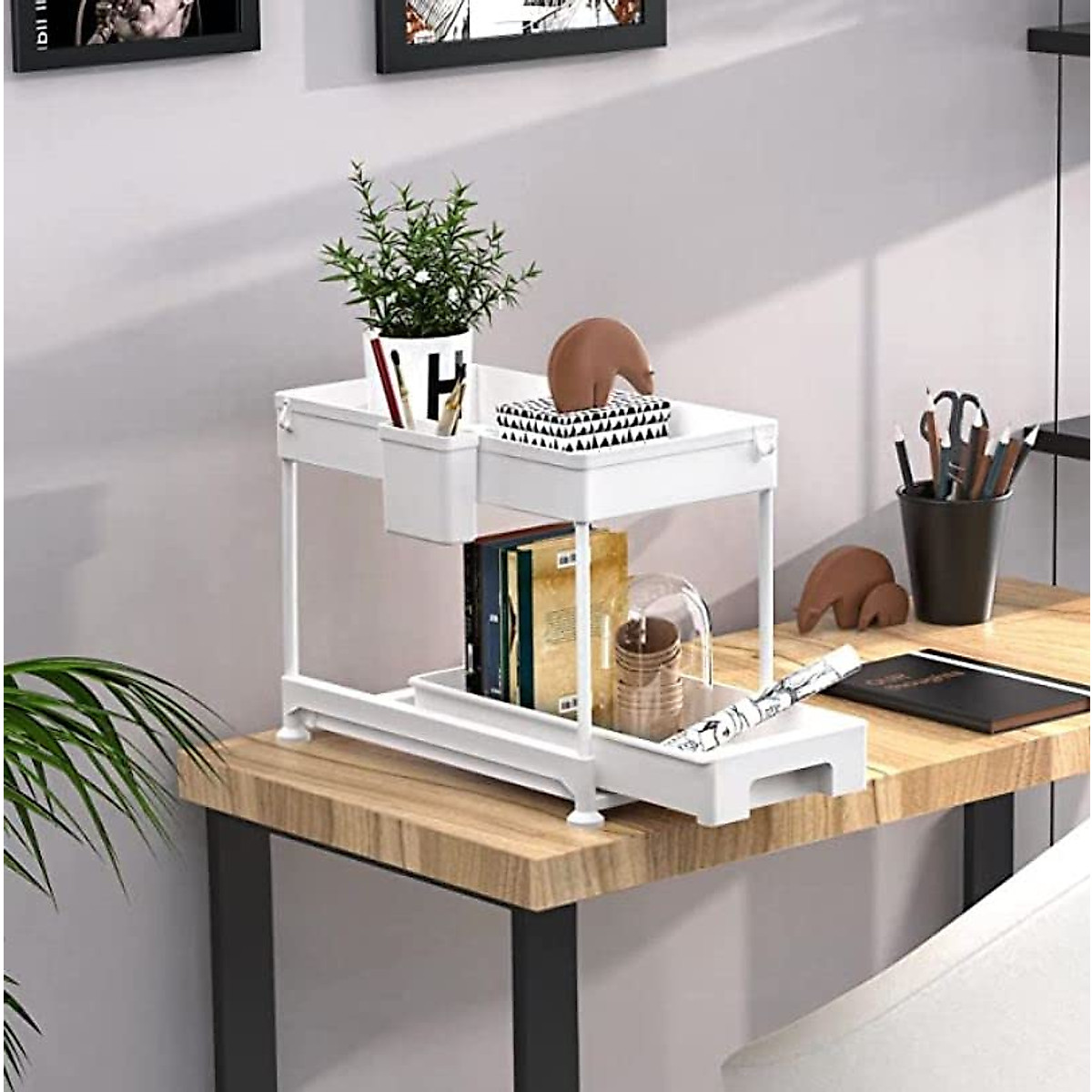 2 Tier Storage Organizer Multi-purpose Under Cabinet Bathroom Under Sink Organizers and Storage White Under Sink Storage for Bathroom Kitchen