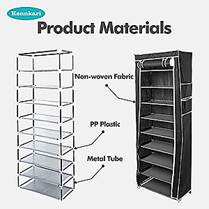 Kennkari 9 Tier Shoe Rack with Dustproof Cover, Free Standing Shoes Organizer, Narrow Shoe Storage Rack, 20-pair (Black)