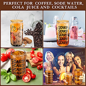 meekoo 6 Pcs Halloween Glass Cups 16 oz Iced Coffee Cups Pumpkins Bat Ghost Beer Tumblers with Lids and Straws Spooky Mug Mason Jar Glass for Halloween Party(Classic)