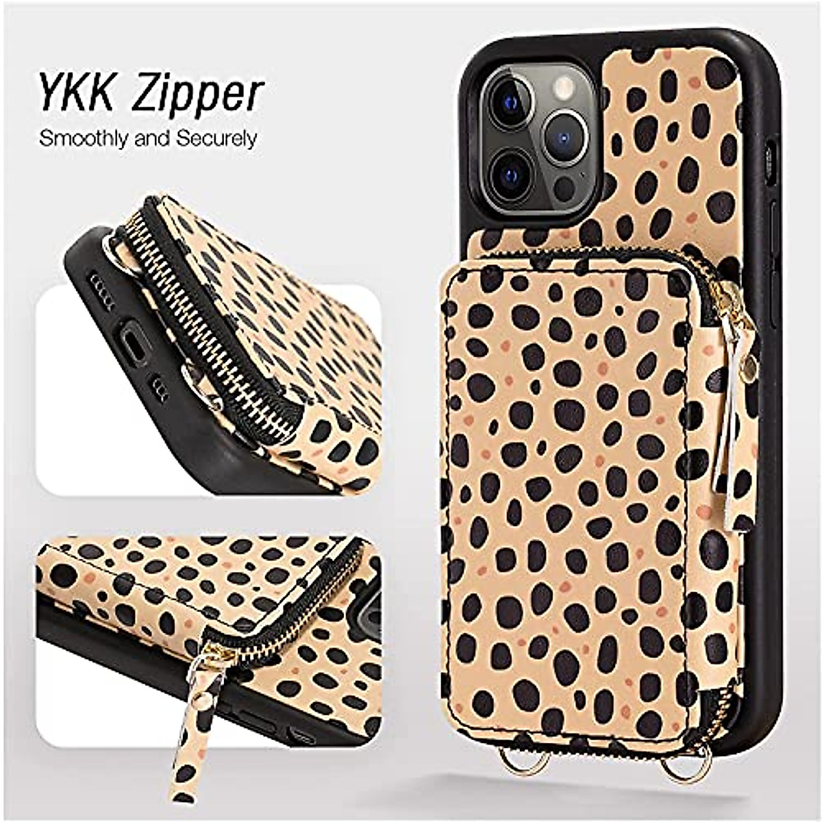 iPhone 12 Crossbody Case, ZVEdeng iPhone 12 Pro Wallet Case Card Holder Crossbody Chain Wrist Strap for Women Zipper Wallet Shockproof Leather Case Cover for iPhone 12/12 Pro 6.1'' Cheetah Print Skin