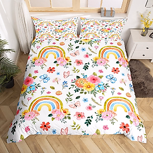 Erosebridal Rainbow Flowers Duvet Cover Twin for Girls,Kids Cute Colorful Rainbows Comforter Cover Watercolor Floral Butterfly Bedding Sets Spring Botanical Bedspread Cover Nursery Room Decor 2 Pcs
