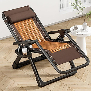 Zero Gravity Chair Adjustable Folding Reclining Lounge Chair Bamboo with Pillow and Cup Holder Patio Lawn Recliner for Outdoor Pool Camp Yard Beach Garden Outdoor and Indoor