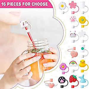 16 Pieces Reusable Drinking Straw Tips Lids Anti-dust Silicone Straw Caps for 7-8 mm Straws Airtight Seal Splash Proof Straw Tips Covers (Flower Animal Style)