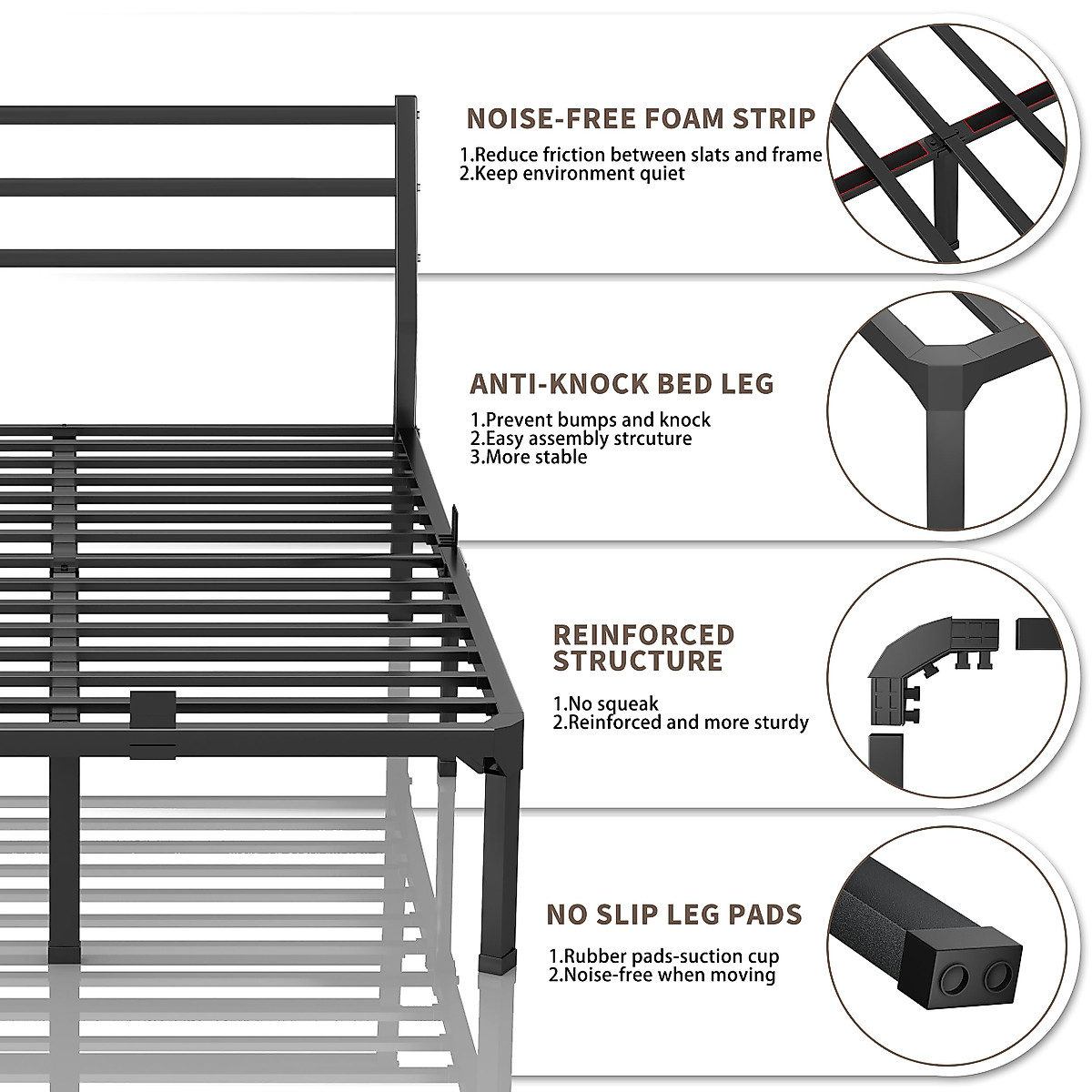 ROIL Full Size Metal Bed Frame with Headboard, 14inch Black Heavy Duty Platform with Steel Slats Support and Mattress Stoppers, 3500LBS No Box Spring Needed, Easy Assembly Noise-Free