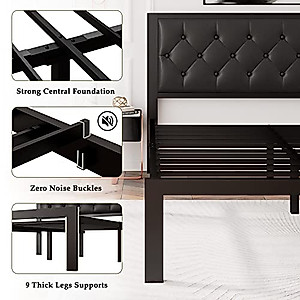 Feonase Queen Size Metal Bed Frame with Faux Leather Button Tufted Headboard, Heavy-Duty Platform Bed Frame with 12" Storage, Steel Slats Support, No Box Spring Needed, Noise Free, Black