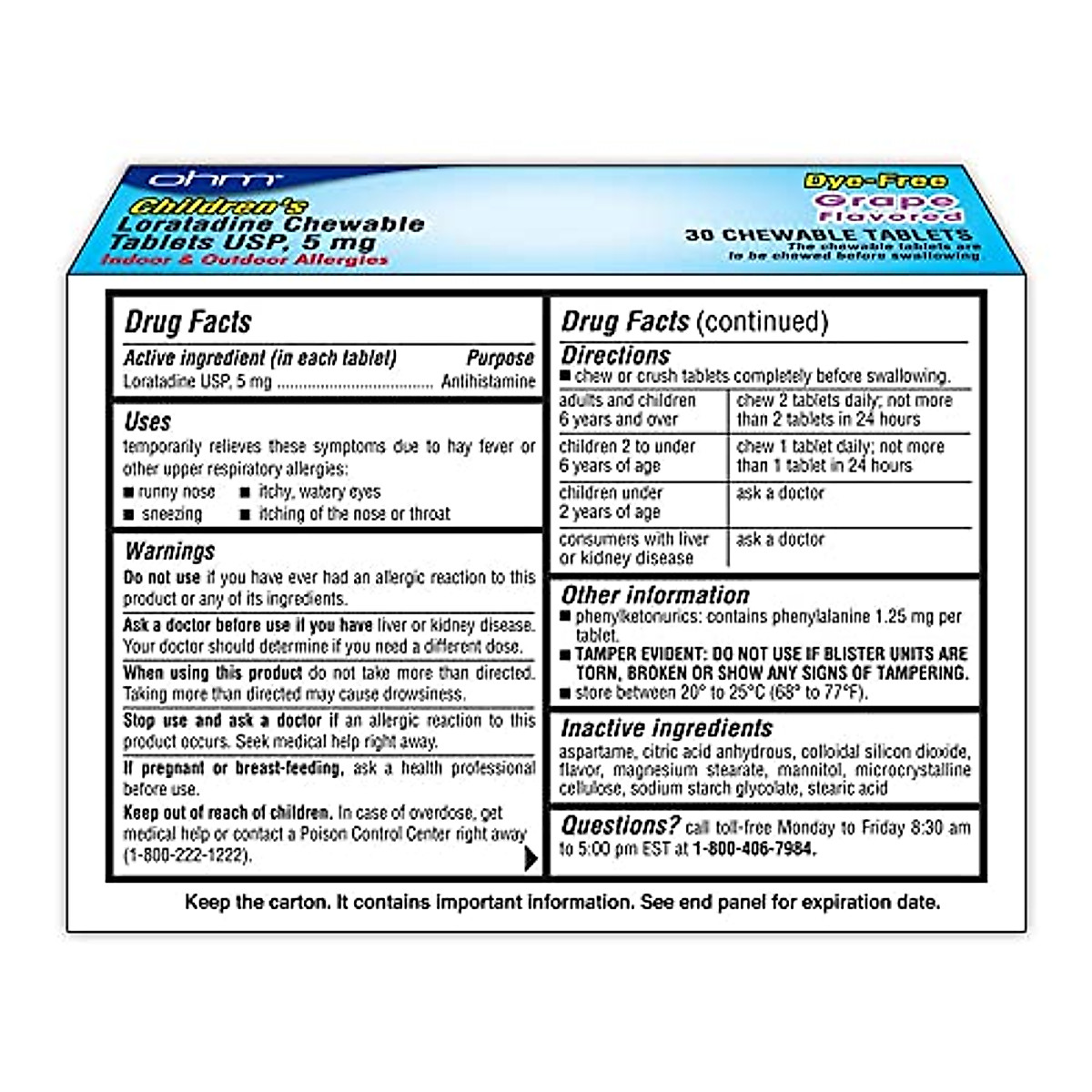 Ohm Children’s Chewable Tablets, Dye Free, Grape, Non-Drowsy 24h Relief of Sneezing, Runny Nose, Itchy Watery Eyes, Itchy Throat or Nose, Antihistamine, Indoor & Outdoor Allergies, 5mg, 30 Tablets