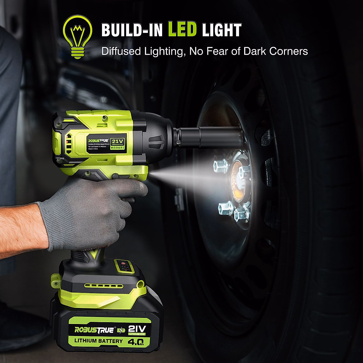 Robustrue Cordless Impact Wrench, 406Ft-lbs (550N.m) Brushless 1/2 inch Impact Wrench, 2800RPM High Torque Impact Gun, 2x 4.0Ah Battery, Charger, 4 Sockets, Electric Impact Wrench for Car Home