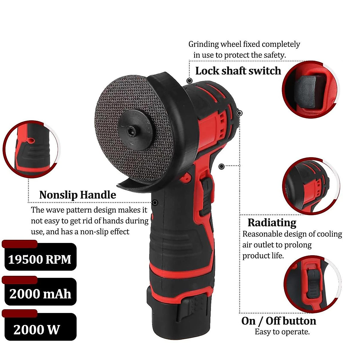 Boyuan 3 Inch Cordless Angle Grinder, 12V Mini Cordless Metal Cutter Machine, with 2.0Ah Li-Ion Battery & Charger, Battery Grinder Tool for Grinding Cutting,2pcs Battery