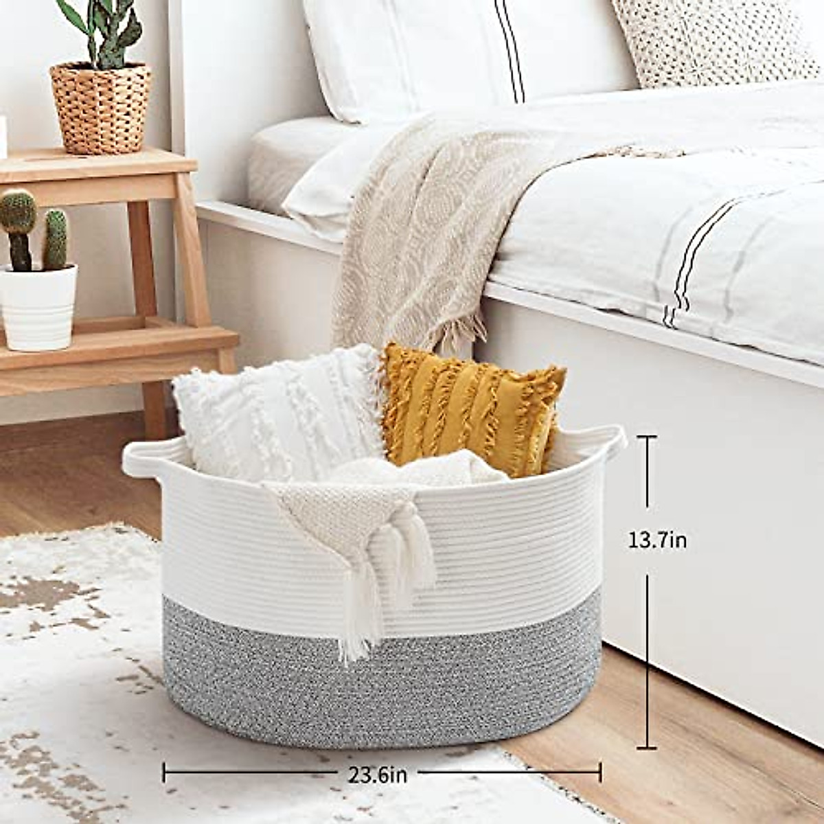 INDRESSME XXX Large Rope Basket Woven Storage Basket Pillow, Blanket Basket Gray Laundry Basket, Oblong Design