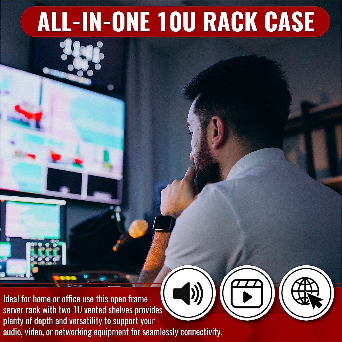 Vivlly Open Frame 10U Rack for Networking, Servers, Audio, and Video Equipment, Heavy Duty 1U Vented Shelves, Wall Mounted Hardware or Floor Standing Support