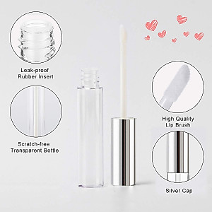 GTHER 10PCS 10ML Empty Lip Gloss Containers Tube with Wand, Refillable Lip Balm Bottles, Lipstick Sample Container and Funnel and Rubber Stoppers for Girls DIY Lip Samples, Silver Top