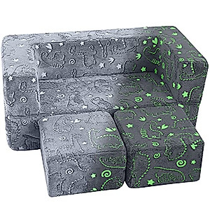 MeMoreCool Kids, Toddler Couch, Glow in The Dark Dinosaur Fold Out Baby Couch, Grey Kids Sofa Play Couch for Playroom, Modular Kid Furniture for Bedroom