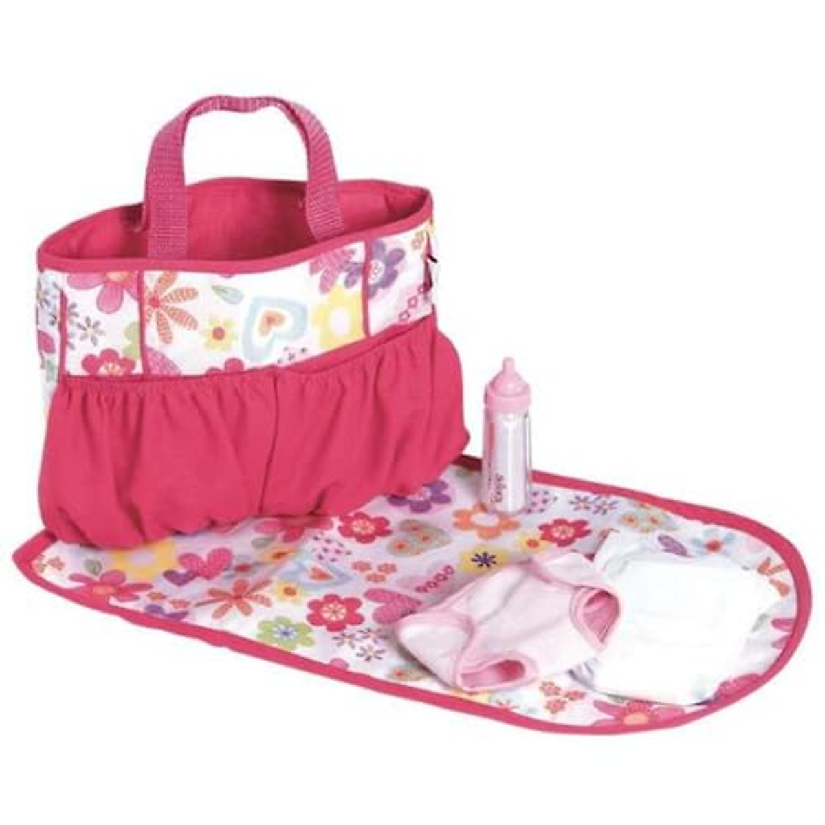 ADORA Baby Doll Diaper Bag with Sturdy Straps, Includes Changing Mat and 2 Doll Diapers (Fits 13" Dolls), Birthday Gift for Ages 3+ - Pink Flower Power