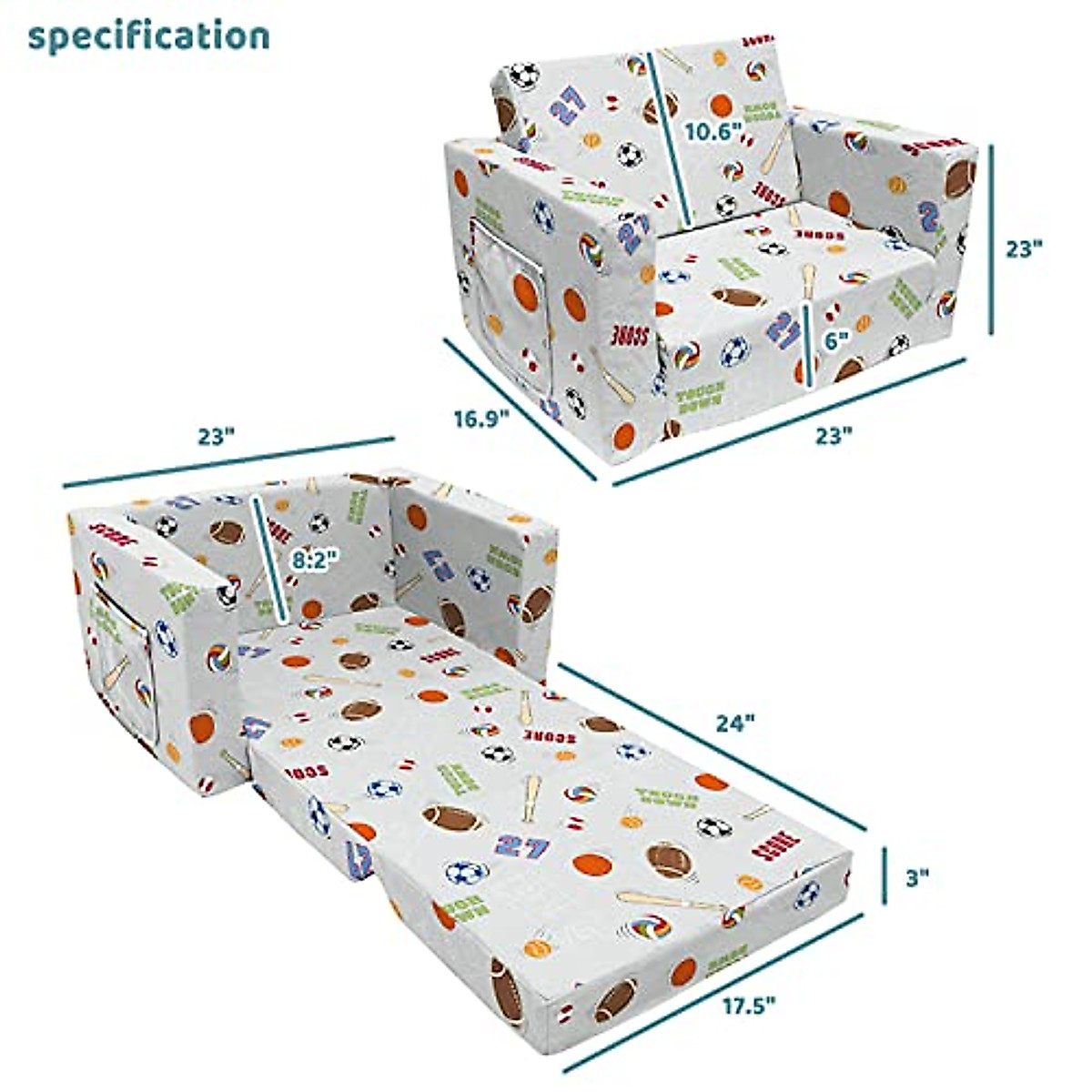 fond + found Kids Sofa Couch, Toddler Boys Girls 2-in-1 Convertible Lounger, Comfy Flip-Out Couch/Sleeper, Sports Theme Chair, Football Basketball Baseball Soccer Bed