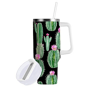 ODAWA 40oz Travel Insulated Tumblers with Straw and Handle, Cacti Pink Flowers Black Double Wall Insulated Tumbler