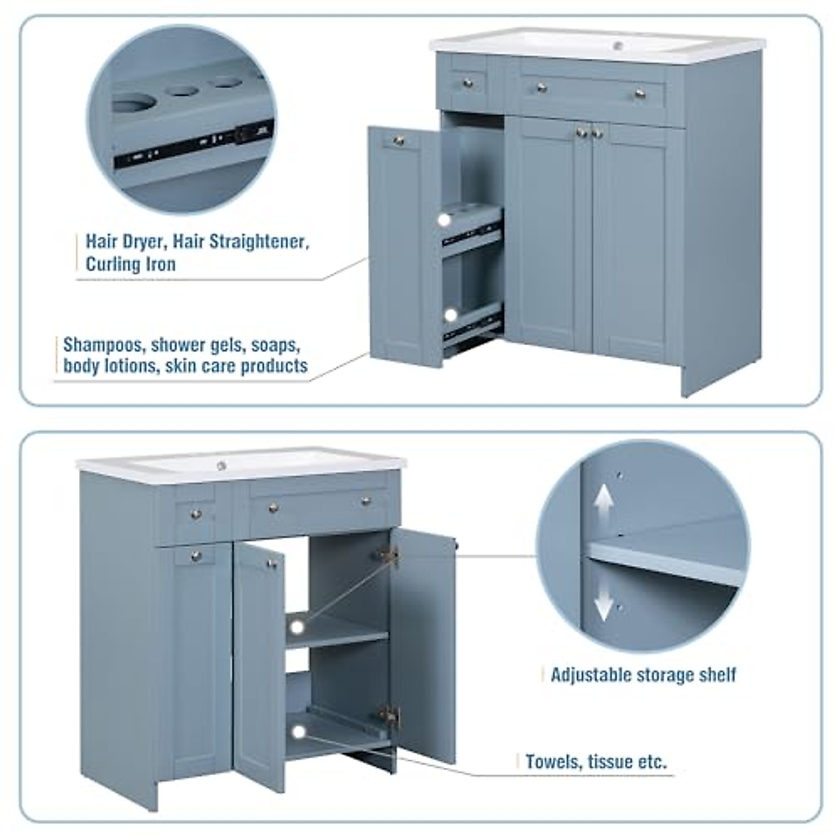 PrimaevalColossus 30" Modern Bathroom Vanity with Sink Combo, Freestanding Bathroom Vanity with Resin Sink Single Bathroom Cabinet Set with Soft Closing Doors & Drawers, Blue