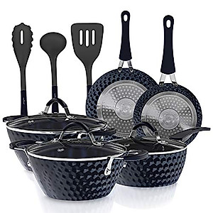 Nutrichef 11 Piece Nonstick Ceramic Cookware Excilon Home Kitchen Ware Pots & Pan Set with Saucepan Frying Pans, Cooking Pots, Lids, Utensil PTFE/PFOA/PFOS Free, Blue Diamond Pcs
