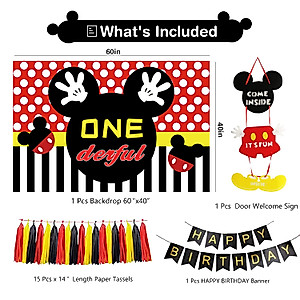 FVABO Mickey 1st Birthday Party Supplies Include Backdrop, Balloons Garland Arch, Welcome Hanger, Banner, Crown, Tablecloth, Cake Topper, Tassels, Mickey Theme Mouse Baby Shower Party Decorations