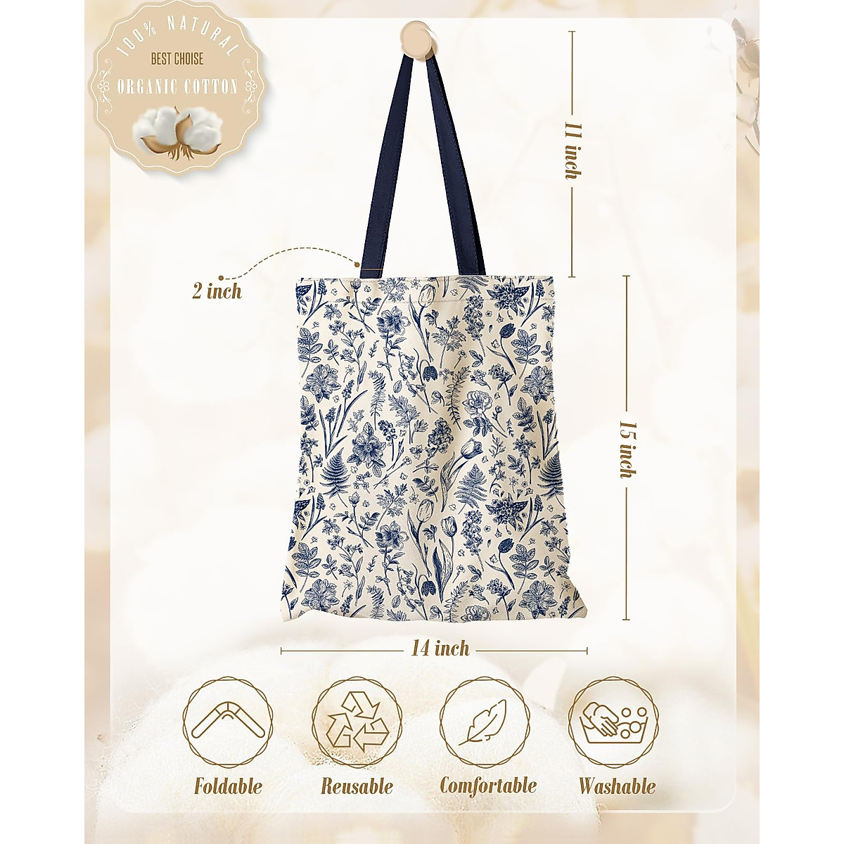 Miss Adola Aesthetic Canvas Tote Bag with Inner Pocket for Women, Cloth Cotton Totes Bag with Pattern for Shopping, Gym, Blue Line Flower