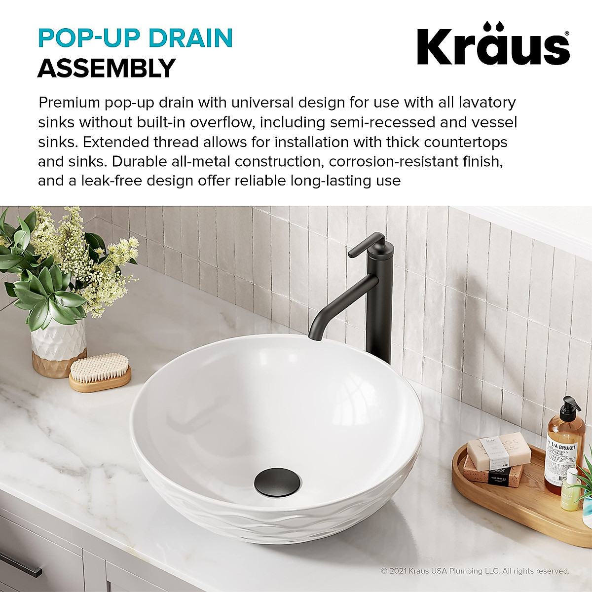 Kraus PU-L10MB Bathroom Pop-Up Drain Assembly for Vessel Sinks Without Overflow, with Extended Thread for Thicker Countertops, 10 3/4 Inch, Matte Black