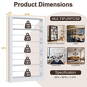 RpAosd Metal Bookshelf, 69" Heavy Duty Bookcase with 5 Adjustable Shelves, Open Shelf Bookcase, Free-Standing Library Bookshelf for Home Office, Library, Bedroom, Living Room (White)
