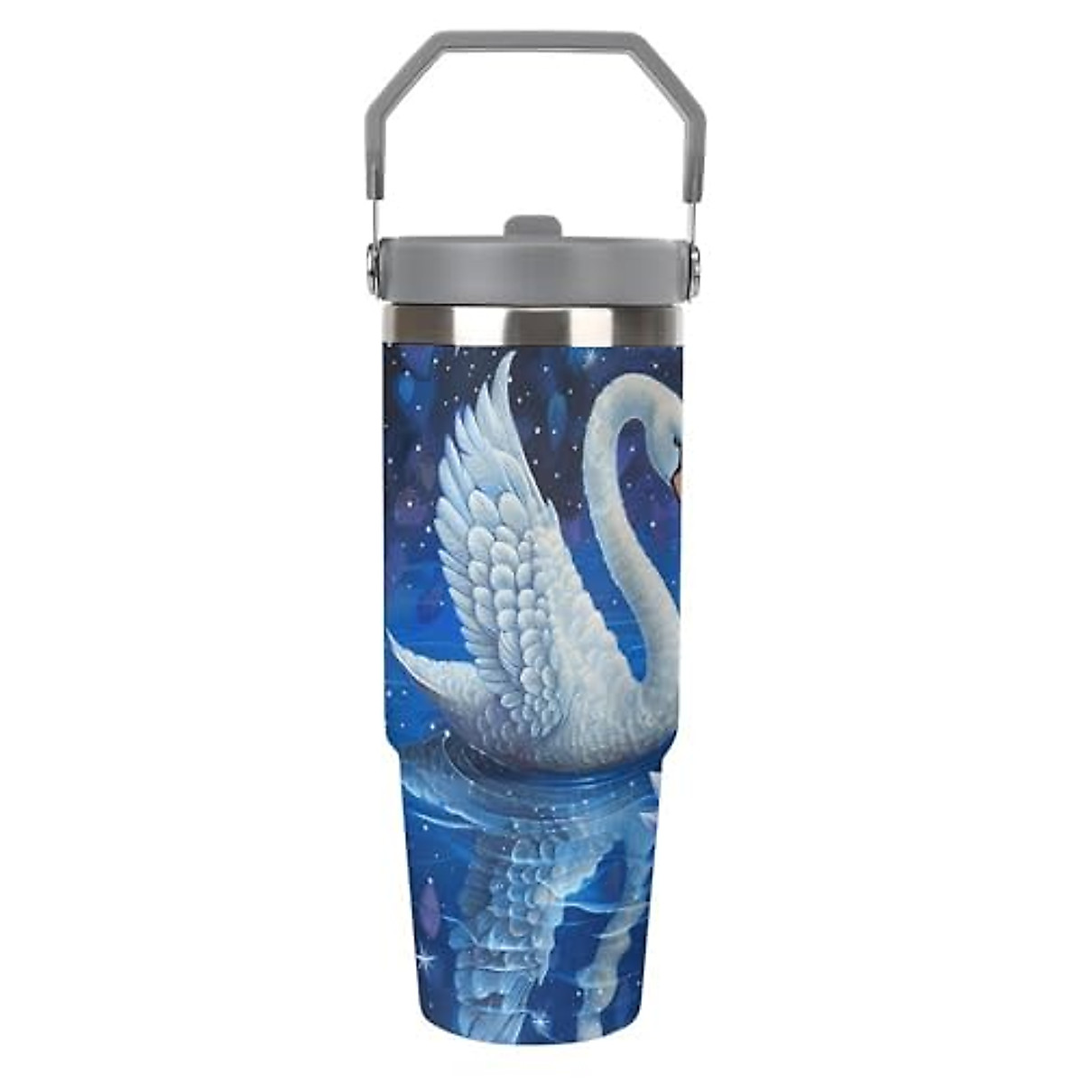 YTLKGFP 30 Oz Large Capacity Car Cup Two White Swans Tumbler with Handle Straw Lid Insulated Stainless Steel Water Bottle Travel Mug Leak-proof Car Cup Keeps Cold Or Hot
