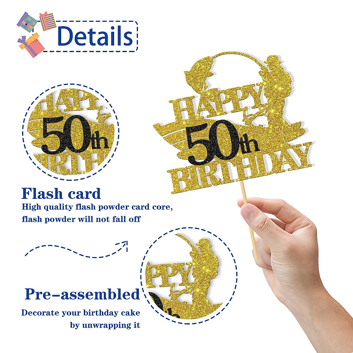 Fisherman Happy 50th Birthday Cake Topper - Fishing 50th Birthday Cake Decor Supplies - Fishing Enthusiasts 50th Birthday Party Decorations - Gold Glitter (50th)