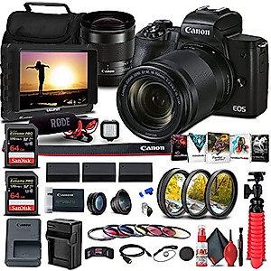 Canon EOS M50 Mark II Mirrorless Camera with EF-M 18-150mm is STM Lens (4728C001) EF-M 11-22mm f/4-5.6 is STM Lens (7568B002) + 4K Monitor + Rode VideoMic + 2 x 64GB Card + More (Renewed)