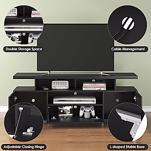 Modern TV Stand with Power Outlet, TV Console with LED Lights, TV Stand for 65 inch TV, Gaming Entertainment Center with Storage Cabinet and Large Storage, TV Stands for Living Room, Bedroom, Black