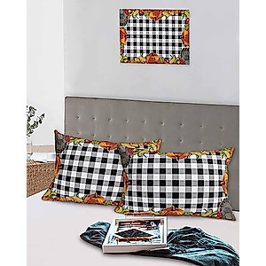 Thanksgiving Pillow Covers Standard Size Set of 2 Bed Pillow, Black White Plaid Turkey Farmhouse Pumpkin Maple Leaf Plush Soft Comfort for Hair/ Skin Cooling Pillowcases with Envelop Closure 20''x26''