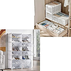 UNZIPE 8 Cube 32 Pairs Plastic Freestanding Shoe Rack Storage Cabinet Bundle with 2 Pack Plastic Closet Storage Bins with Handle