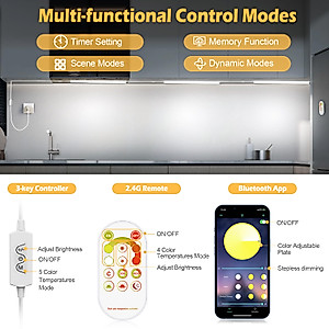 Lacoco Under Cabinet Lights Plug in, 12 Inch Dimmable Bright Cabinet Lighting 3 Colors Temp Linkable Led Strip Bar with APP Remote Control, Under Counter Lights for Kitchen Closet Workbench