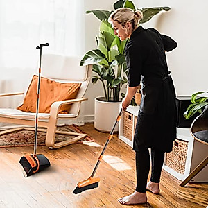Broom and Dustpan Set(51" Long), Adjustable Length Stainless Steel Broomstick, Sstanding Dustpan and Broom for Office, Home Kitchen, Lobby Floor use (Orange and Black)