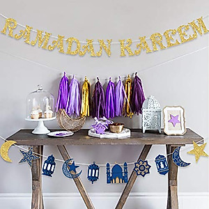 Ramadan Kareem Banner Gold Glitter Eid Mubarak Party Decorations with Moon and Stars Lights Garland for Muslim Islam Eid Festival Party Supplies