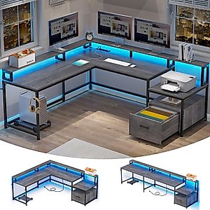 SEDETA L Shaped Office Desk, 66" Home Office Desk with File Drawer & Power Outlet, Gaming Desk with Led Lights, Corner Computer Desk with Monitor Shelf, Printer Storage Shelves, Two Person Desk, Grey