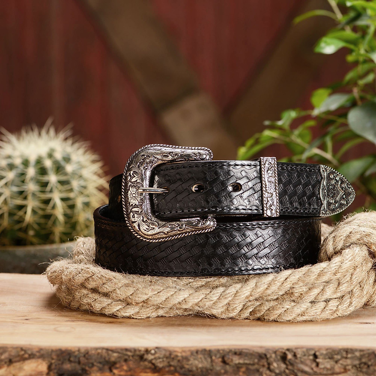 BullhideBelts.com Men's Leather Basket Weave Western Belt, 1.5” Wide, Black, 38“