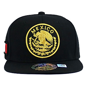 Mexican Hat Mexico Eagle Federal Logo Embroidery Snapback Flat Bill Baseball Cap (Black- Gold)