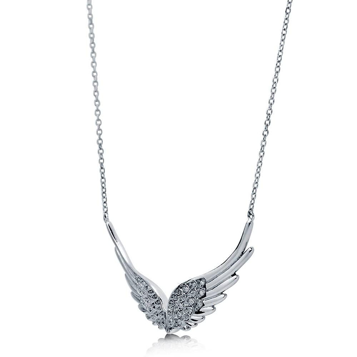 BERRICLE Sterling Silver Angel Wings Cubic Zirconia CZ Fashion Pendant Necklace for Women, Rhodium Plated