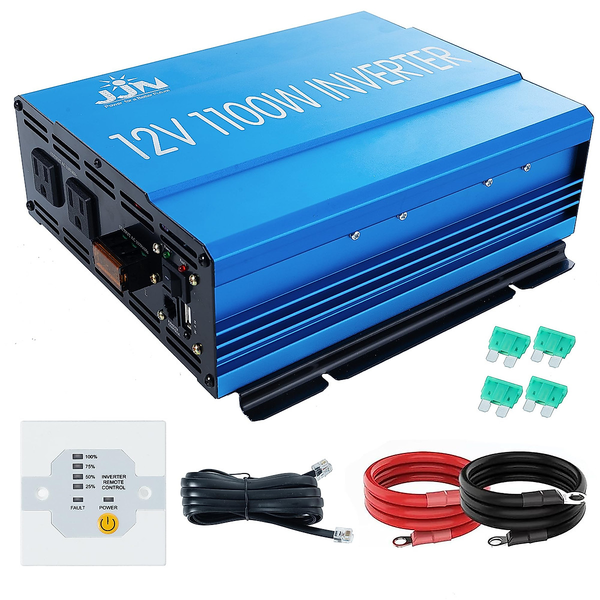 JJN Power Inverter 1100 Watt Modified Sine Wave Inverter 12V DC to 110V AC Converter for Home, Laptop, Off-Grid Solar Power Inverter with Built-in 5V/2.1A USB Port, 2 AC Outlets, Remote Controller